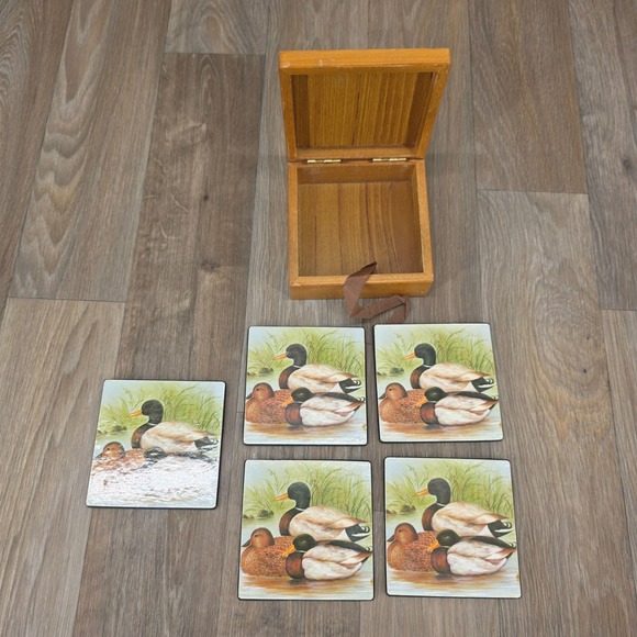 Dining | Vintage Duck Coasters Set Wood Box 5 Piece Mallard Nature ...